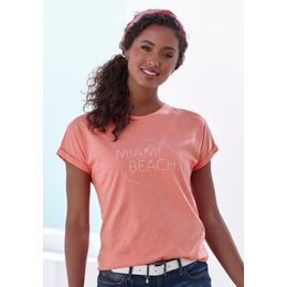 T-Shirt Vivance "mit modischem Frontprint", Damen, Gr. 32/34, orange (peach), Jersey, Obermaterial: 100% Baumwolle, bedruckt, bequem normal, Rundhals, angeschnitten,mit Aufschlag Aufschlag, Shirts T-Shirt, aus weicher Baumwoll-Qualit&auml;t, Topseller