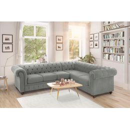 Chesterfield-Sofa Home Affaire "Duc Ecksofa L-Form", grau (hellgrau), B:255cm H:74cm T:214cm, Samtoptik (100% Polyester);Samtoptik (100% Polyester);Luxus-Microfaser Lederoptik (100% Polyester), Sofas, Chesterfield-Sofa, hochwertige Knopfheftung im R&uuml;cken, Samtoptik mit changierender Optik