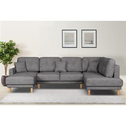 Wohnlandschaft Home Affaire "TRIPLO U-Form wahlweise mit Schlaffunktion, B/T/H: 310/192/90 cm", grau, B:310cm H:90cm T:192cm, 100% Polyester, Sofas, Wohnlandschaft, Schlafsofa, auch mit Bettkasten, Steppung im R&uuml;ckenkissen