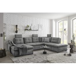 Wohnlandschaft ED EXCITING DESIGN "Alija U-Form", grau, B:334cm H:107cm T:217cm, 100% Polyester, Sofas, Wohnlandschaft, mit Bettfunktion, Bettkasten, Armteilverstellung & Kopfst&uuml;tzen