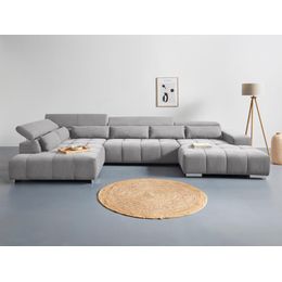 Wohnlandschaft COTTA "Orion U-Form", grau, B:409cm H:73cm T:225cm, 90% Polyester, 10% Polyamid, Sofas, Wohnlandschaft, mit Kopfteilverstellung & 6 Nierenkissen