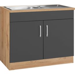 Sp&uuml;lenschrank KOCHSTATION "KS-Colmar", grau (anthrazit), B:100cm H:85cm T:60cm, Holzwerkstoff, Schr&auml;nke, Sp&uuml;lenschrank, 100 cm, mit Metallgriff