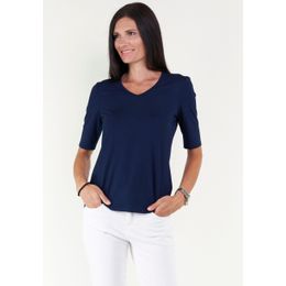 V-Shirt Seidel Moden, Damen, Gr. 48, blau (navy), Jersey, Obermaterial: 95% Viskose, 5% Elasthan, unifarben, figurumspielend h&uuml;ftlang, V-Ausschnitt, eingesetzt abgesteppt, Shirts V-Shirt, mit Halbarm aus softem Material, MADE IN GERMANY