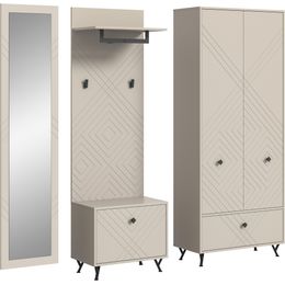 Garderoben-Set Home Affaire "Mento, 4-teilig, Ornamentfr&auml;sung in der Front, bestehend aus:", beige (sandbeige), B:215cm H:190cm T:35cm, FSC-zertifizierter Holzwerkstoff, Glas, MDF, Kastenm&ouml;bel-Sets, Garderoben-Set, Spiegel, Sitzbank, Garderobenpaneel & Garderobenschrank