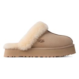 UGG Australia Pantoffel UGG "DISQUETTE", Damen, Gr. 7 (38), sand, Lammfell, Veloursleder, Schuhe Pantoffel, Homeslippers, Hausschuh, Clog mit angesagtem Plateau