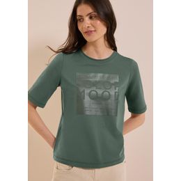 T-Shirt Cecil, Damen, Gr. XS (36), gr&uuml;n (schwarz balmy khaki), Jersey, Obermaterial: 63% Modal, 35% Baumwolle, 2% Elasthan, bedruckt, unifarben, normal h&uuml;ftbedeckend, Rundhals, Shirts T-Shirt, mit Folienprint