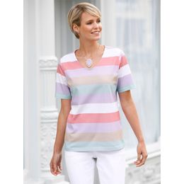 T-Shirt Classic Basics "Shirt", Damen, Gr. 48, bunt (flieder, flamingo, gestreift), 100% Baumwolle, gemustert, gestreift, mehrfarbig, V-Ausschnitt, Shirts T-Shirt