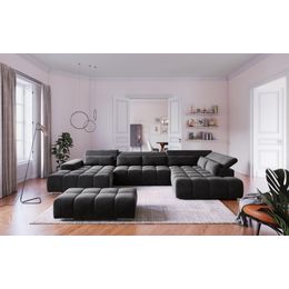Wohnlandschaft COTTA "Orion U-Form", charcoal, B:409cm H:73cm T:225cm, 100% Polyester, Sofas, Wohnlandschaft, mit Kopfteilverstellung & 6 Nierenkissen