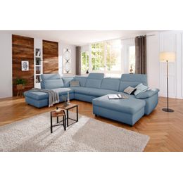 Wohnlandschaft Home Affaire "Mauritius U-Form", blau (hellblau), B:354cm T:232cm, Struktur fein (100% Polyester);Luxus-Microfaser Lederoptik (100% Polyester);Soft clean (98% Polyester, 2% Polyamid), Sofas, Wohnlandschaft, mit Kopfteil- und Armlehnverstellung, wahlweise mit Bettfunktion