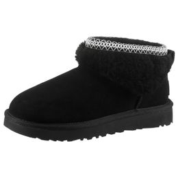 UGG Australia Schlupfboots UGG "CLASSIC ULTRA MINI MAXI CURLY", Damen, Gr. 10 (41), schwarz, Lammfell, Veloursleder, Schuhe Schlupfboots, Winterstiefel, Snowboots mit Ethno-Textilband am Schaftrand
