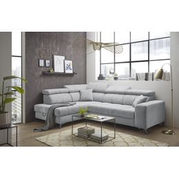 Ecksofa ED EXCITING DESIGN "Sydney L-Form", grau (hellgrau), B:282cm H:86cm T:198cm, 92% Polyester, 8% Nylon, Sofas, Ecksofa, mit Bettfunktion, Bettkasten, Kopfteilverstellung & 2 Zierkissen