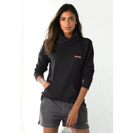 Longsweatshirt BENCH. LOUNGEWEAR, Damen, Gr. 48/50, schwarz, Sweatware, Obermaterial: 60% Baumwolle, 40% Polyester, unifarben, Basic, Basic h&uuml;ftbedeckend, ohne Ausschnitt, breiter Bund, Sweatshirts Longsweatshirt, mit Stehkragen in Layeroptik und K&auml;ngurutasche, Loungewear, Topseller