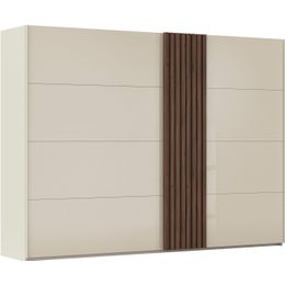 Schwebet&uuml;renschrank Rauch "Kleiderschrank Schrank Garderobe W&auml;scheschrank TEGIO", beige (champagner, glas champagner, absetzungen nussbaum), B:301cm H:223cm T:69cm, Holzwerkstoff, Schr&auml;nke, Schwebet&uuml;renschrank, mit hochwertigen Holzdekoraufleistung und Glasfront MADE IN GERMANY