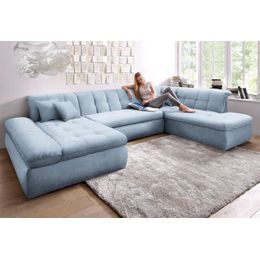 Wohnlandschaft DOMO collection "Moric Luxus incl. Zierkissen", blau (pastelblau), B:353cm H:80cm T:216cm, Chenille (85% Polyester, 15% Acryl), Sofas, Wohnlandschaft, U-Form, bis 140kg pro Sitzplatz belastbar, XXL B/T/H: 353/216/80 cm