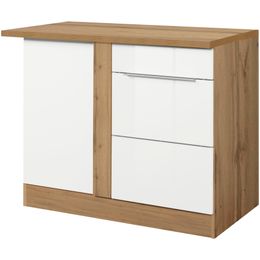 Eckunterschrank KOCHSTATION "KS-Brindisi", wei&szlig; (wei&szlig; hochglanz, wotaneichefarbe), B:110cm H:85cm T:60cm, Holzwerkstoff, MDF, Schr&auml;nke, Eckunterschrank, praktischer Stauraum in der Ecke