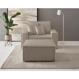 Loveseat OTTO HOME "FINNLEY, Loveseat & Hocker im Set, trendige Stoffe, inkl. Zierkissen", grau (taupe), B:120cm H:85cm T:166cm, Bezugstoff 100% PES ;Gramatur 400g/qm +/- 5%, Sessel, Loveseat, verf&uuml;gbar in den Stoffqualit&auml;ten Boucl&eacute;, Struktur fein und Mega Cord