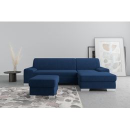 Ecksofa DOMO collection "Anzio L-Form, whlw. Bettfunktion, Federkern, hochwertig, Breite 271 cm", blau (marine), B:271cm H:85cm T:160cm, Sofas, Ecksofa, Mit Bettfunktion, Recamiere rechts, Samtoptik, marine
