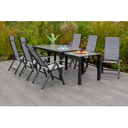 Garten-Essgruppe Merxx "Florenz", grau (grau, grau, grafit), Polyester, Aluminium, Polyester, Sicherheitsglas, Sitzm&ouml;bel-Sets, Garten-Essgruppe, 6 Klappsessel, 5-fach verstellbar, Ausziehtisch