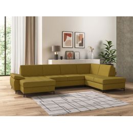 Wohnlandschaft DOMO collection "Capelo, komfortabel, klare Linien zeichnen dieses Design aus, U-Form", gelb (senf), B:348cm H:84cm T:204cm, 49% Polyester, 34% Viskose, 9% Leinen, 8% Polyacryl, Sofas, Wohnlandschaft, mit Armteilverstellung, wahlweise mit Bettfunktion, Federkern