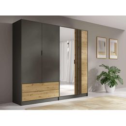 Kleiderschrank Home Affaire "Kleiderschrank Loreto mit Schubk&auml;sten und Spiegel, B/T/H 220/54/202 cm", grau (dunkelgrau, natur), B:220cm H:202,5cm T:54cm, FSC-zertifizierter Holzwerkstoff, Schr&auml;nke, Kleiderschrank, Schrank mit Dreht&uuml;ren und Schubladen, Spiegel und MDF-Lamellen