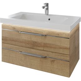 Waschtisch SAPHIR "Serie Balto Mineralmarmor-Waschtisch mit Unterschrank, 92 cm breit", braun (riviera eiche quer nachbildung, chromeinlage, riviera eiche quer nachbildung), B:92cm H:55,6cm T:50,8cm, Waschtische, Waschtisch, Waschplatz mit 2 Schubladen, Badschrank in verschiedenen Ausf&uuml;hrungen