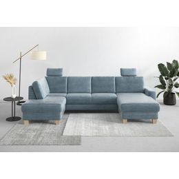 Wohnlandschaft Home Affaire "Summer U-Form", blau (blau, grau), B:314cm H:91cm T:170cm, 100% Polyester, Sofas, Wohnlandschaft, mit oder ohne Bettfunktion und Bettkasten, Cord-Bezug