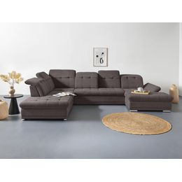 Wohnlandschaft COTTA "Holiday U-Form mit Sitztiefen-, Armteil- und Kopfteilverstellung", schwarz (charcoal), B:386cm H:86cm T:265cm, 100% Polyester, Sofas, Wohnlandschaft, wahlweise mit Bettfunktion & Bettkasten