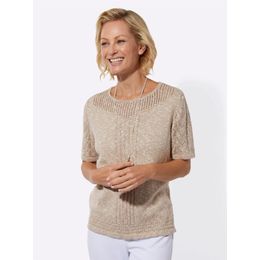 Rundhalspullover CLASSIC "Ajour-Pullover", Damen, Gr. 48, sesam, ecru, meliert, 65% Baumwolle, 35% Polyacryl, meliert, Pullover Rundhalspullover