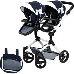 Puppen-Zwillingsbuggy BAYER "Twin Neo", schleife blau, wei&szlig;, Puppenwagen, KinderB:41,5cm H:81cm T:81,5cm, Kunststoff, Metall, Stoff, Puppen-Zwillingsbuggy, mit Wickeltasche, B:41,5cm H:81cm T:81,5cm