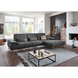 Ecksofa DIE PLANBAR "PN-EM18063 L-Form", grau (graphit), B:322cm H:89cm T:187cm, Sichtrahmen: Aus Spannplatte mit augesetzten Weildeiche funiert, Sofas, Ecksofa, wahlweise mit echt bezogenem R&uuml;cken und Sitztiefenverstellung