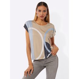 CR&Eacute;ATION L Rundhalsshirt CREATION L "Shirt", Damen, Gr. 44, beige, bleu, bedruckt, 95% Viskose, 5% Elasthan, gemustert, Rundhals, Shirts Rundhalsshirt