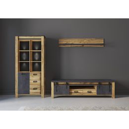 Wohnwand Home Affaire "York, moderne Anbauwand, Wohnzimmer-Set in Hunton Oak, 201 cm breit", hunton oak dekor, B:201cm H:170cm T:44cm, Holzwerkstoff, Kastenm&ouml;bel-Sets, Wohnwand, enth&auml;lt Vitrine, Lowboard +Wandboard, Metallgriff, Scheunentorbeschlag