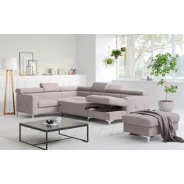 Wohnlandschaft COTTA "Sammy U-Form", grau (mouse), B:304cm H:74cm T:240cm, NaturLEDER, die R&uuml;ckseite ist mit schwarzem und die Liegefl&auml;che der Bettfunktion ist mit beigem Spannstoff bezogen, Sofas, Wohnlandschaft, mit Kopfteilverstellung, wahlweise mit Bettfunktion & Bettkasten
