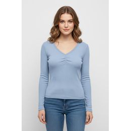 Langarmshirt Only "ONLBETTY LIFE L/S SCALLOP V-NECK CC JRS", Damen, Gr. M, soft chambray, Jersey, Obermaterial: 95% Baumwolle, 5% Elasthan, unifarben, h&uuml;ftlang, V-Ausschnitt, Shirts Langarmshirt, mit Raffung am Ausschnitt
