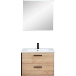 Badm&ouml;bel-Set SAPHIR "Quickset 395 2-teilig, Keramik-Waschtisch mit LED-Spiegel, 75 cm breit", braun, Riviera Eiche quer Nachbildungmit schwarzem L-Profil vorne, Kastenm&ouml;bel-Sets, Badm&ouml;bel-Set, Waschplatz mit 2 Schubladen, Riviera Eiche quer Nachbildung, Bad-Set