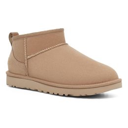 UGG Australia Schlupfboots UGG "Unisex Classic Ultra Mini", Damen, Gr. 6 (37), beige (sand), Veloursleder, Schuhe Schlupfboots, Bequemschuh, Flats, Hausschuh, Freizeitschuh mit Logopatch