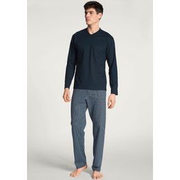 Schlafanzug Calida "Relax Imprint", Herren, Gr. S (46/48), blau (schwarz sapphire), Single Jersey, Obermaterial: 100% Baumwolle, unifarben, normal lang, V-Ausschnitt, normaler Saum, Homewear-Sets Schlafanzug, mit aufgesetzter Brusttasche