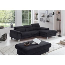 Ecksofa COTTA "Komaris L-Form, B: 244 cm", grau (lava), B:244cm H:72cm T:166cm, Microfaser PRIMABELLE (100% Polyester);Kunstleder SOFTLUX(100%Polyurethan);Feinstruktur (100% Polyester);Kunstleder SOFTLUX/Struktur (100%Polyurethan, 90%Polyester, 10% Polyacryl), Sofas, Ecksofa, mit Kopfteilverstellung, optional Bettfunktion, Bettkasten & Licht