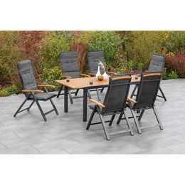 Garten-Essgruppe Merxx "Tilos", grau (grafit, dunkelgrau), B:60cm H:116cm T:73cm, Aluminium, Sitzm&ouml;bel-Sets, Garten-Essgruppe, 6 Klappsessel mit ausziehbarem Tisch