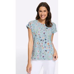 Print-Shirt Inspirationen "Print-Shirt", Damen, Gr. 44, hellblau, bedruckt, 100% Baumwolle, bedruckt, gebl&uuml;mt, gemustert, mehrfarbig, Rundhals, Shirts Print-Shirt