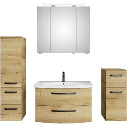 Badm&ouml;bel-Set SAPHIR "Serie 4010 4-teilig Keramik-Waschtisch mit LED-Spiegelschrank", braun (halifax eiche quer nachbildung), B:144cm H:200cm T:45cm, Holzwerkstoff, Kastenm&ouml;bel-Sets, Badm&ouml;bel-Set, Badezimmer Set mit Unterschrank, Midischrank, inkl. T&uuml;rd&auml;mpfer
