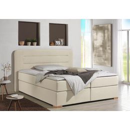 Boxspringbett Home Affaire "Manchester", beige (creme), B:220cm L:208cm, Strukturstoff-Bezug (100% Polyester), Komplettbetten, Boxspringbett, 5 Breiten, 3 Ausf&uuml;hrungen, 2 H&auml;rtegraden, Topper, Steppung