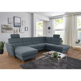 Wohnlandschaft Home Affaire "Palmera U-Form, B: 308 cm", blau (blaugrau), B:308cm H:89cm T:212cm, 100% Polyester;Struktur (100% Polyester);Luxus-Microfaser in Lederoptik (100% Polyester), Sofas, Wohnlandschaft, optional Bettfunktion & Bettkasten, Federkern