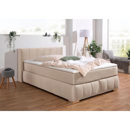 Boxspringbett Home Affaire "Chelles", beige, B:147cm L:225cm, Samtoptik (100% Polyester);Bezug der Spiegelfl&auml;che Matratzendrell aus 100% Polyester;Struktur fein 100% Polyester), Komplettbetten, Boxspringbett, inkl. Kaltschaumtopper, in 5 Breiten und 3 Matratzenarten