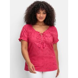 Kurzarmbluse sheego by Joe Browns, Damen, Gr. 44, pink, 100% Baumwolle, unifarben, Carmenausschnitt, Blusen Kurzarmbluse