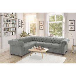 Chesterfield-Sofa Home Affaire "Duc Ecksofa L-Form", grau (hellgrau), B:255cm H:74cm T:214cm, Samtoptik (100% Polyester);Samtoptik (100% Polyester);Luxus-Microfaser Lederoptik (100% Polyester), Sofas, Chesterfield-Sofa, hochwertige Knopfheftung im R&uuml;cken, Samtoptik mit changierender Optik
