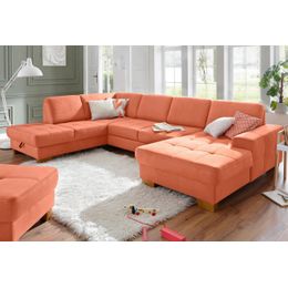 Wohnlandschaft Home Affaire "Puccini U-Form", orange (terra), B:340cm H:86cm T:224cm, Luxus-Microfaser (100% Polyester);Luxus-Microfaser ALTARA NUBUCK (100% Polyester);Luxus-Microfaser Lederoptik (100% Polyester), Sofas, Wohnlandschaft, mit Federkern, Sitztiefenverstellung, Kontrastnaht