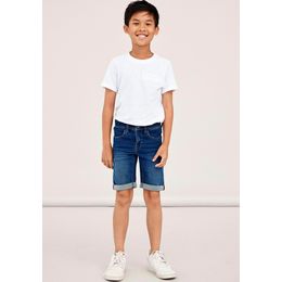 Jeansshorts name it "NKMSILAS SLIM DNM L SHORT", Jungen, Gr. 146, N-Gr, blau (medium, blau), Denim/Jeans, Obermaterial: 72% Baumwolle, 26% Polyester, 2% Elasthan, unifarben, slim fit kurz, Jeans Jeansshorts, Baumwollmischung, Stretch, Umschlagsaum