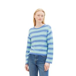 Strickpullover Tom Tailor Denim, Damen, Gr. XL (42), blau (blau mint colorflow), Rippstrick, Obermaterial: 50% Baumwolle, 50% Polyacryl, gestreift, bequem kurz, Rundhals, Pullover Strickpullover, in Streifen-Optik und mit Farbverlauf