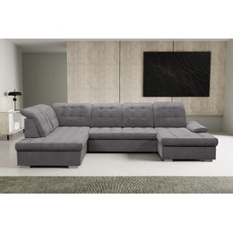 Wohnlandschaft WERK2 "Kordula-New Multifunktion Couch, Breite 332cm, bequem, U-Form", grau, B:332cm H:105cm T:217cm, 92% Polyester, 8% Nylon, Sofas, Wohnlandschaft, Sofa in U-Form mit Schlaffunktion & Bettkasten, Schlafcouch